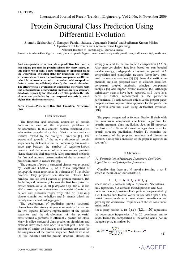 (PDF) Protein Structural Class Prediction Using Differential Evolution