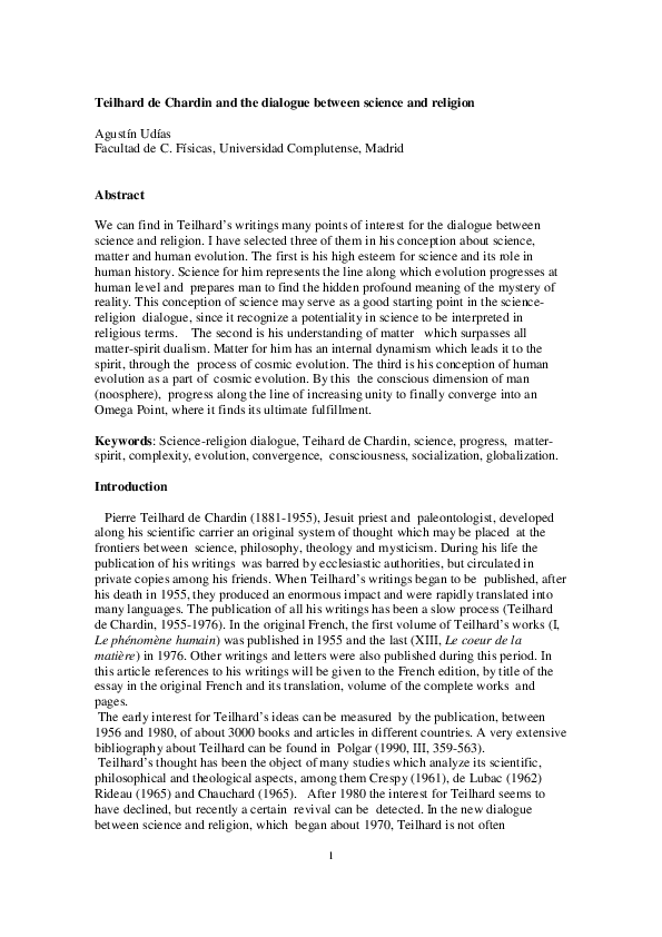 (PDF) Teilhard de Chardin and the dialogue between science and religion