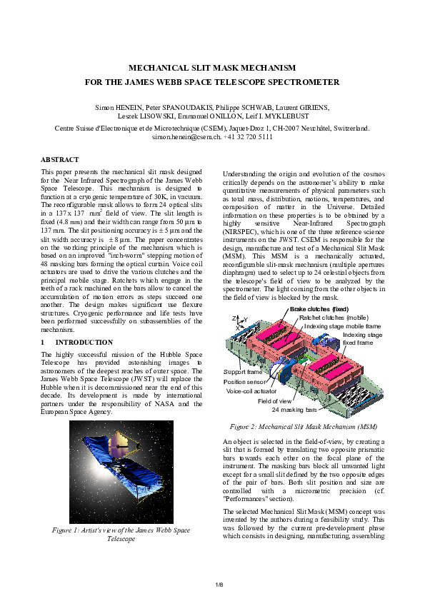 (PDF) Mechanical slit mask mechanism for the James Webb Space Telescope ...