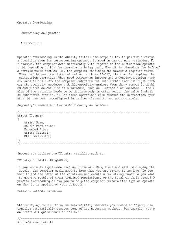 Operator Overloading Overloading an Operator Introduction