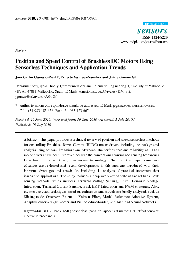 (PDF) Position and Speed Control of Brushless DC Motors Using Sensorless Techniques and ...