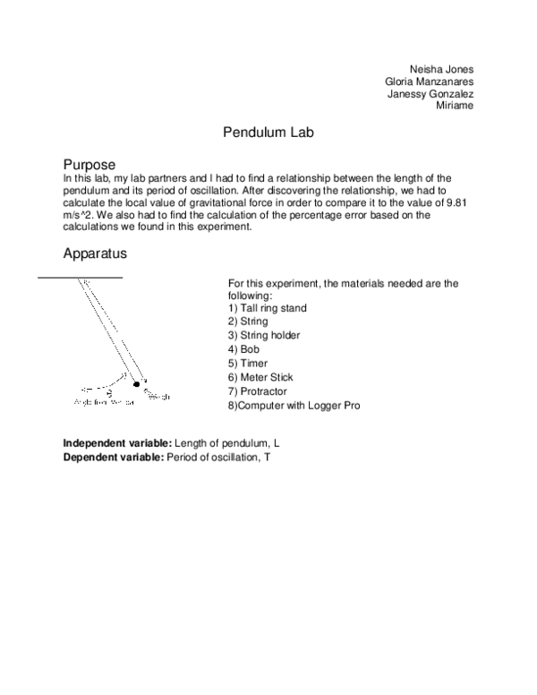 (DOC) Pendulum Lab 1
