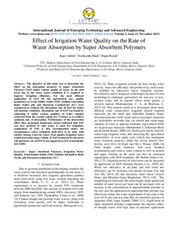 (PDF) Effect of Irrigation Water Quality on the Rate of Water Absorption by Super Absorbent Polymers