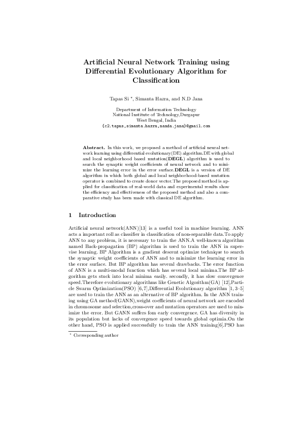 Pdf Artificial Neural Netwrok Training Using Differential Evolutionary Algorithm