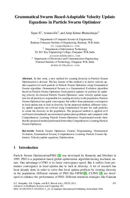 (PDF) Grammatical Swarm Based-Adaptable Velocity Update Equations in Particle Swarm Optimizer