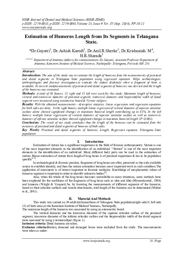 (PDF) Estimation of Humerus Length from Its Segments in Telangana State