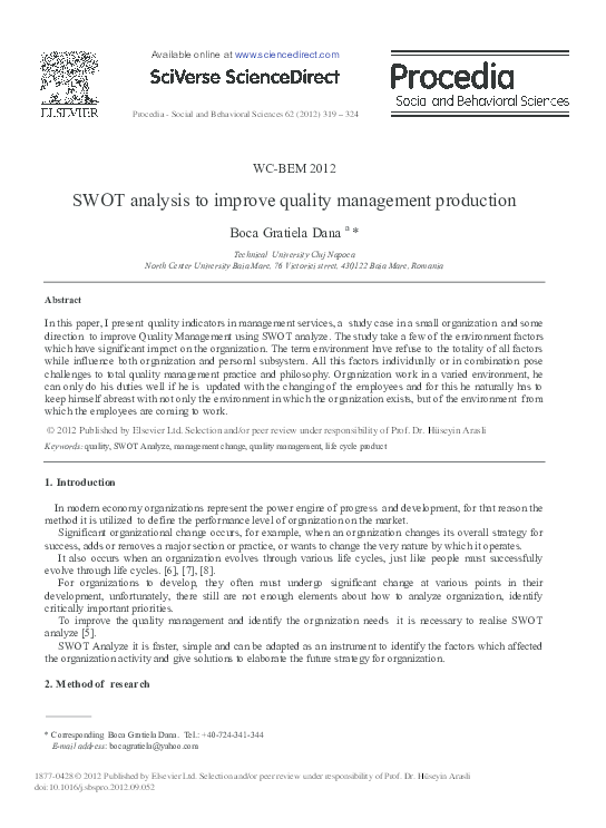 (PDF) SWOT Analysis to improve quality management production