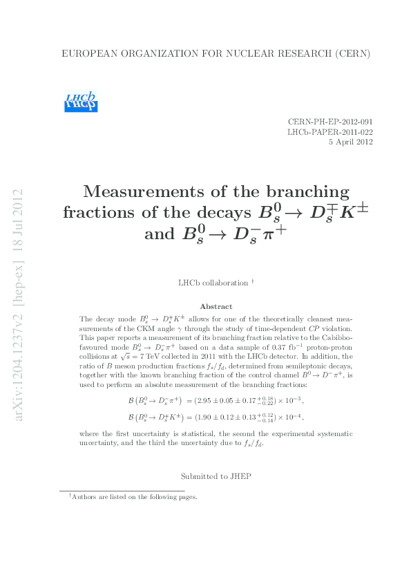 (PDF) Measurement of the branching fractions of the decays $B_s^0 \rightarrow D_s^\mp K^\pm$ and ...