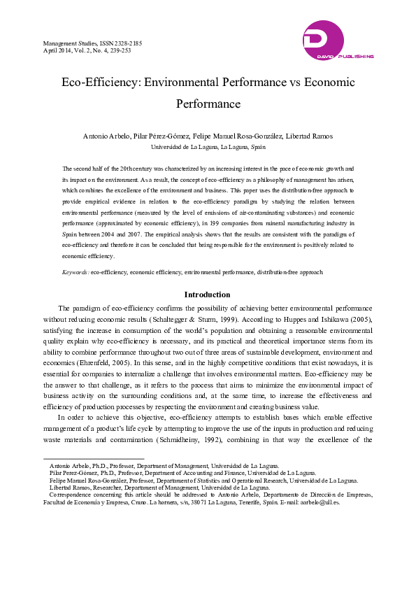 (PDF) Eco-Efficiency: Environmental Performance vs Economic Performance