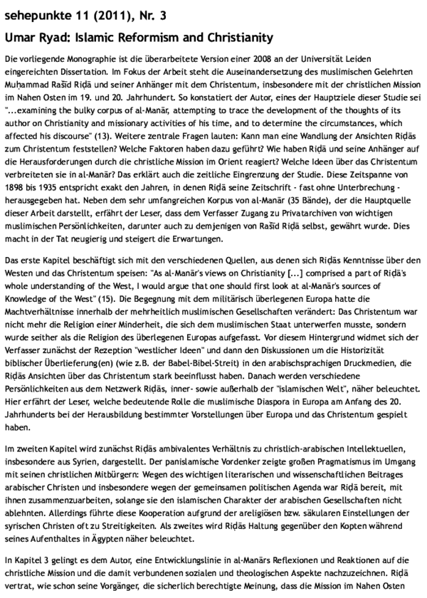 (PDF) Umar Ryad: Islamic Reformism and Christianity. A Critical Reading ...