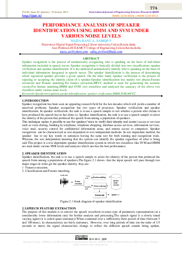 Pdf Performance Analysis Of Speaker Identification Using Hmm And Svm Under Various Noise