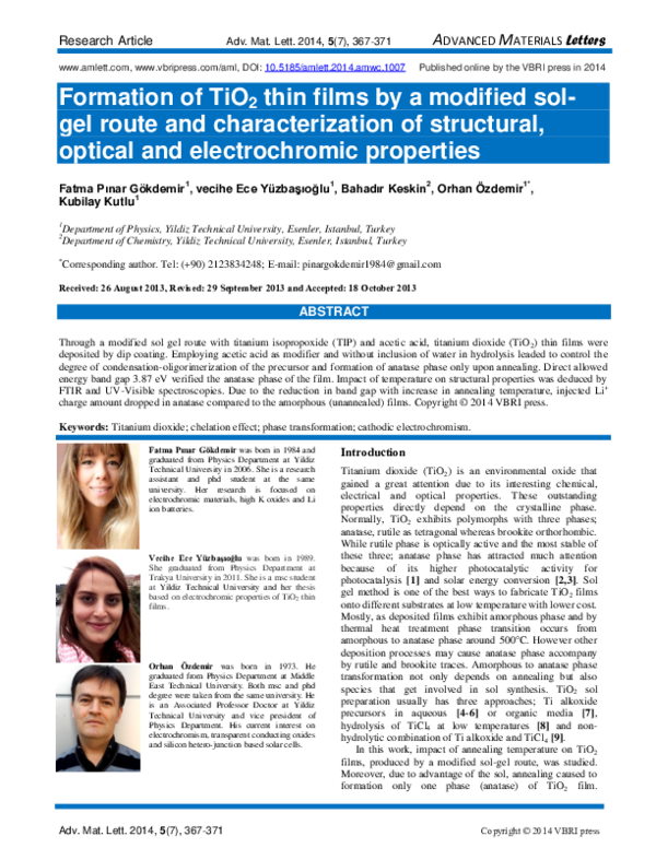 (PDF) TiO 2 thin films prepared by sol – gel method TiO 2 thin films ...
