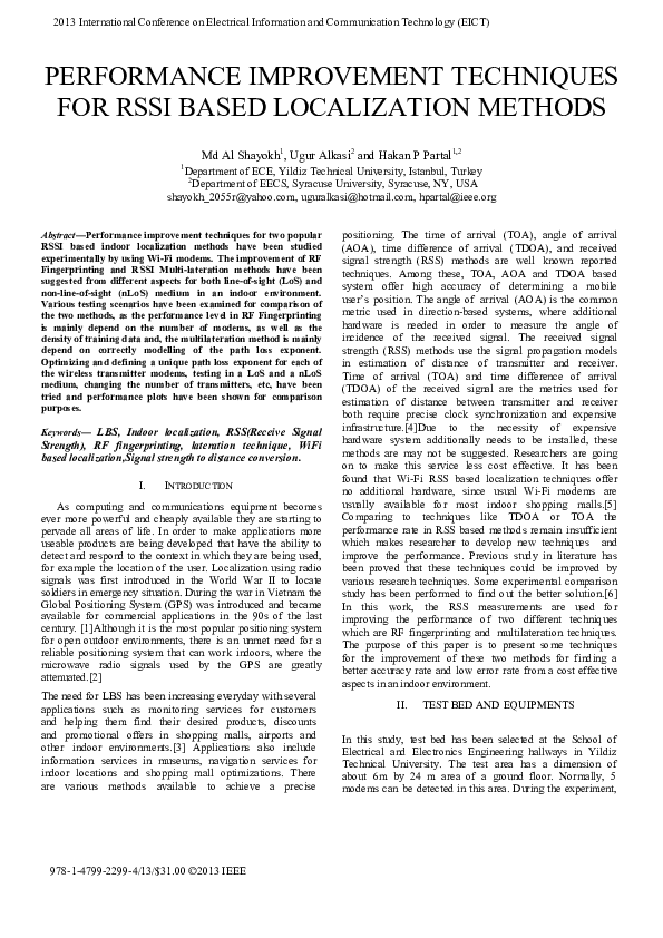 (PDF) PERFORMANCE IMPROVEMENT TECHNIQUES FOR RSSI BASED LOCALIZATION METHODS