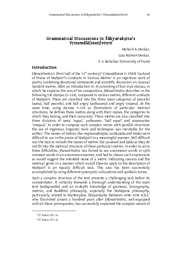 (PDF) Grammatical Discussions in Śākyarakṣita's Vṛttamālāvivṛti