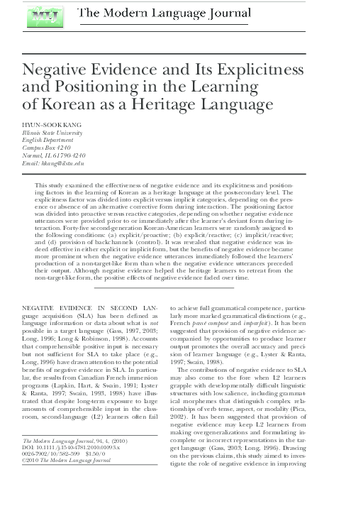 (PDF) Kang, H. (2010). Negative evidence and its explicitness and ...