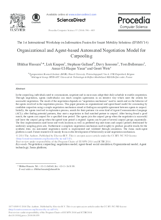 (PDF) Organizational and Agent-based Automated Negotiation Model for Carpooling