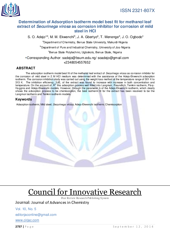 (PDF) Determination of Adsorption Isotherm model best fit for methanol leaf extract of ...