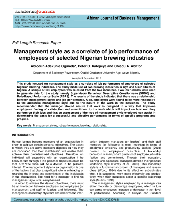 (PDF) African Journal of Business Management Management style as a correlate of job performance ...