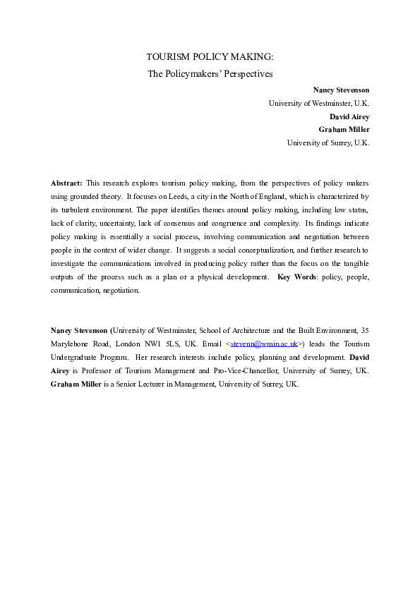 (DOC) Stevenson, N. Airey, D. and Miller, G. (2008) Tourism Policy ...