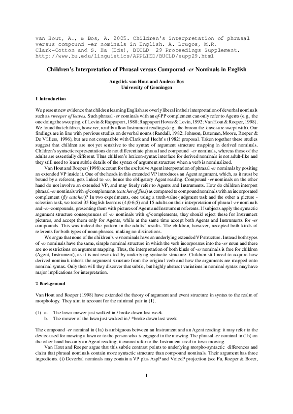 (PDF) Children's Interpretation of Phrasal versus Compound -er Nominals ...
