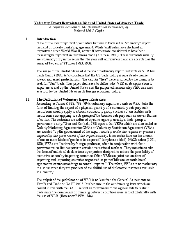 (PDF) Voluntary Export Restraints on Inbound United States of America Trade