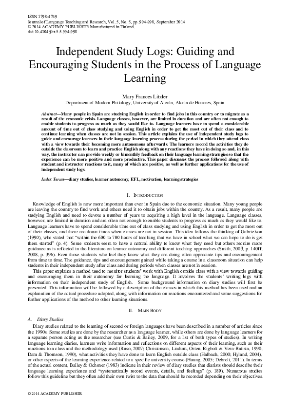 (PDF) Independent Study Logs: Guiding and Encouraging Students in the ...