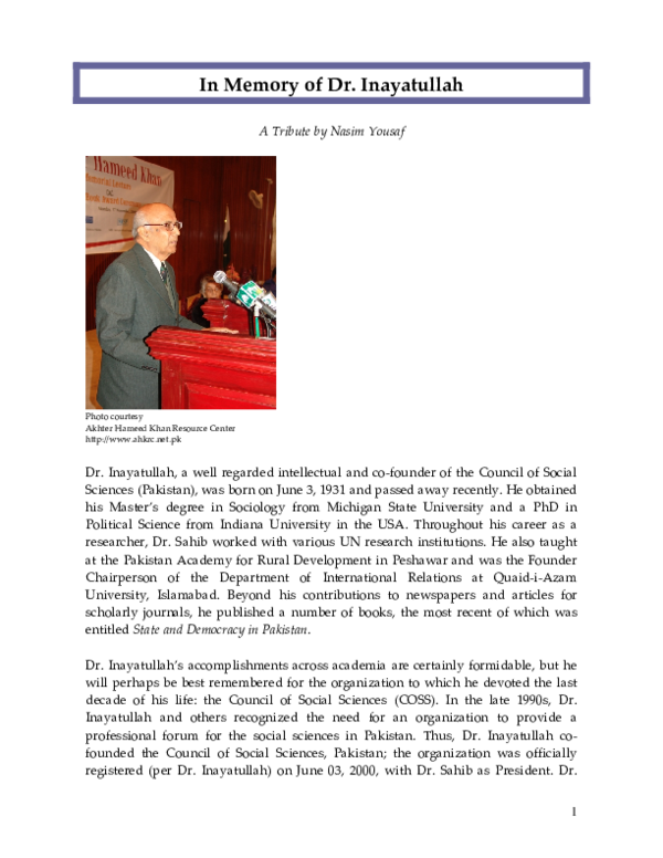 (PDF) In Memory of Dr. Inayatullah by Nasim Yousaf