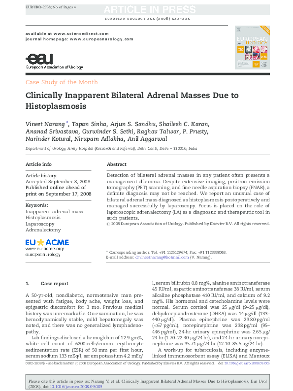 (PDF) Clinically Inapparent Bilateral Adrenal Masses Due to Histoplasmosis
