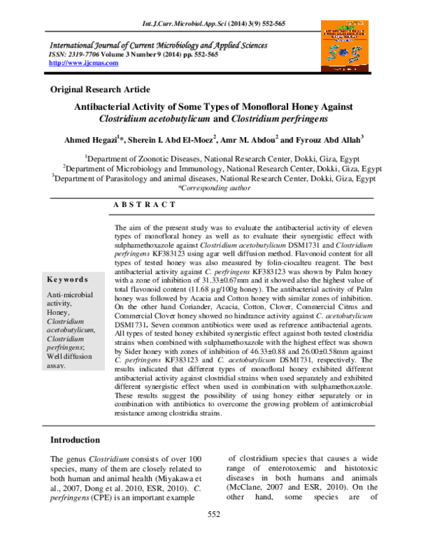 (PDF) Antibacterial Activity of Some Types of Monofloral Honey Against Clostridium ...