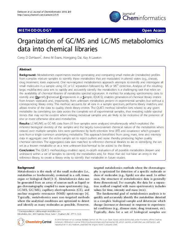 (PDF) Organization of GC/MS and LC/MS metabolomics data into chemical ...