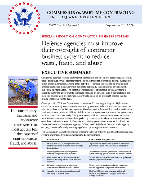 (PDF) Special Report 1: Defense agencies must improve their oversight ...