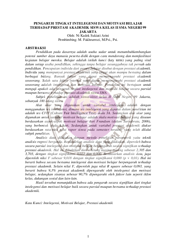 (PDF) PENGARUH TINGKAT INTELEGENSI DAN MOTIVASI BELAJAR TERHADAP PRESTASI AKADEMIK SISWA KELAS ...