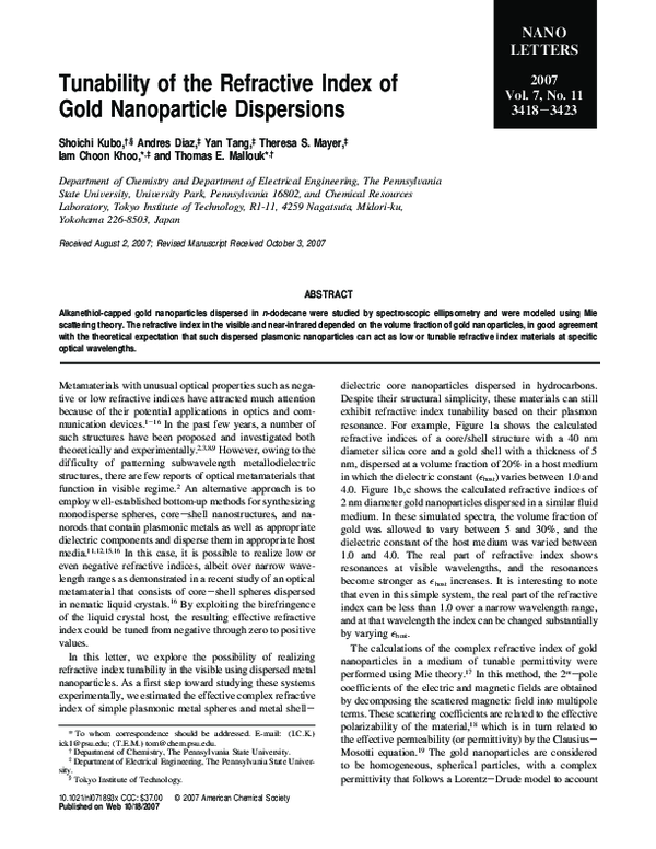 (PDF) Tunability of the Refractive Index of Gold Nanoparticle Dispersions