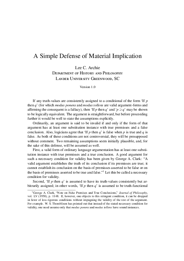 (PDF) A Simple Defense of Material Implication
