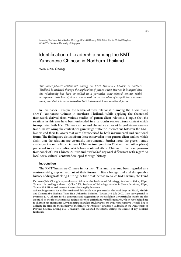 (PDF) Identification of Leadership among the KMT Yunnanese Chinese in ...