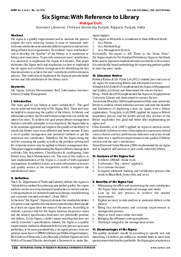 (PDF) Six Sigma: With Reference to Library