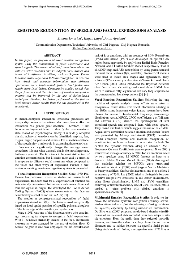 (PDF) EMOTIONS RECOGNITION BY SPEECH AND FACIAL EXPRESSIONS ANALYSIS