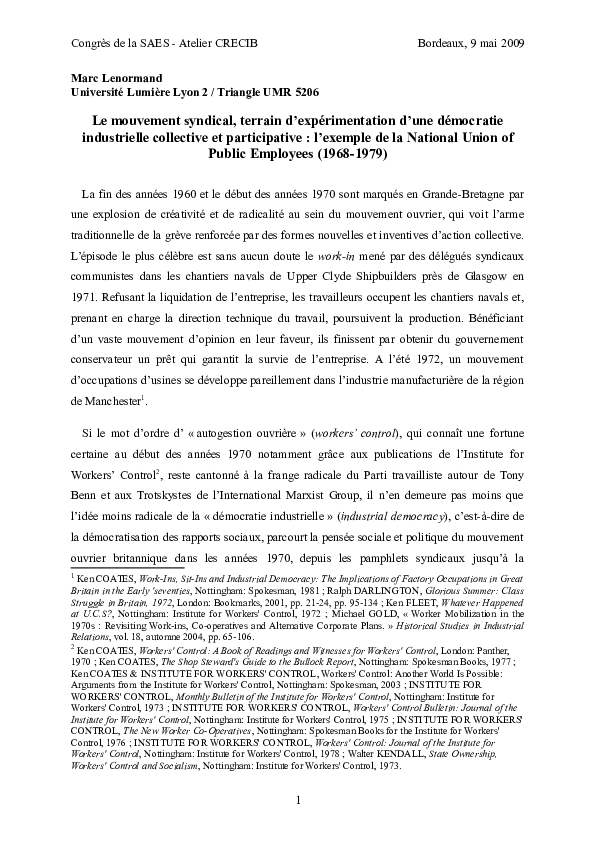 (DOC) Le mouvement syndical, terrain d’expérimentation d’une démocratie ...