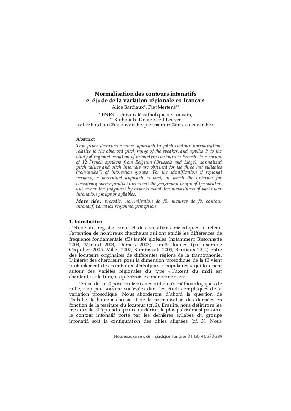 (PDF) Normalisation des contours intonatifs et étude de la variation ...