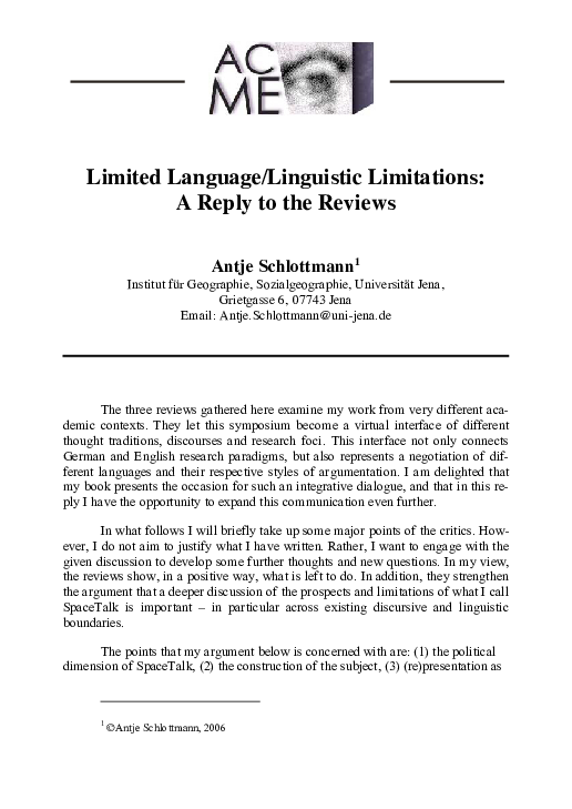 (PDF) Limited Language/Linguistic Limitations: A Reply to the Reviews