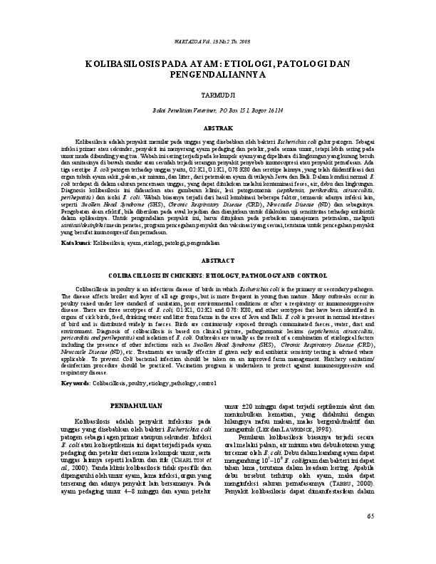(PDF) KOLIBASILOSIS PADA AYAM: ETIOLOGI, PATOLOGI DAN PENGENDALIANNYA