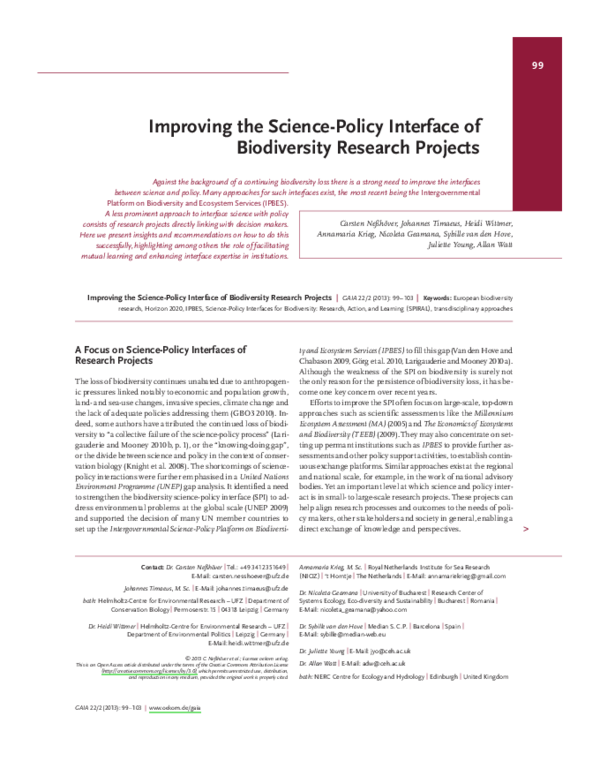 (PDF) Improving the Science-Policy Interface of Biodiversity Research ...