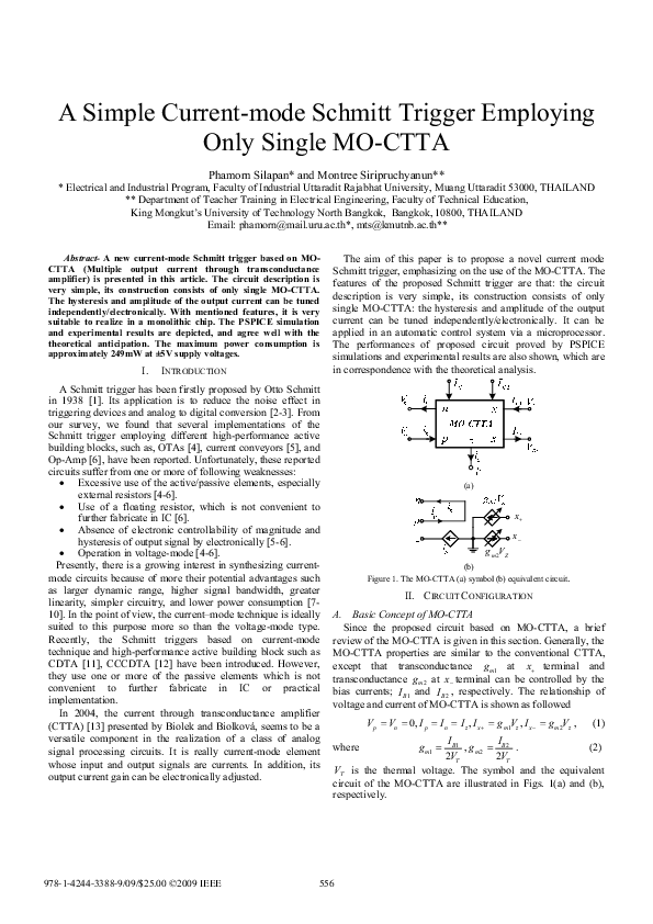 (PDF) A simple current-mode Schmitt trigger employing only single MO-CTTA