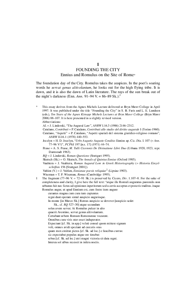 (PDF) J.Linderski, Founding the City: Ennius and Romulus on the Site of ...