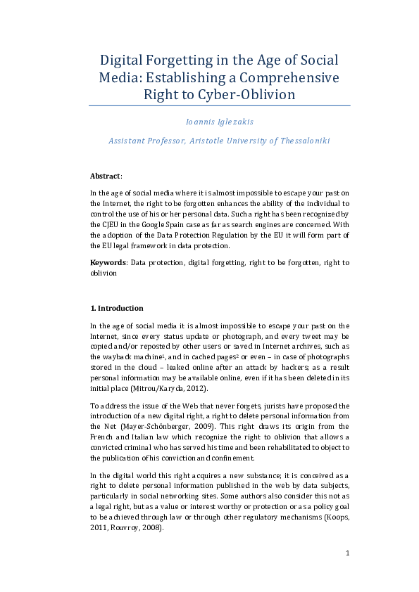 (DOC) Cyber-Oblivion: The Right to Be Forgotten