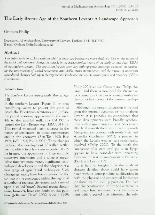 The Early Bronze Age of the southern Levant: a landscape approach.