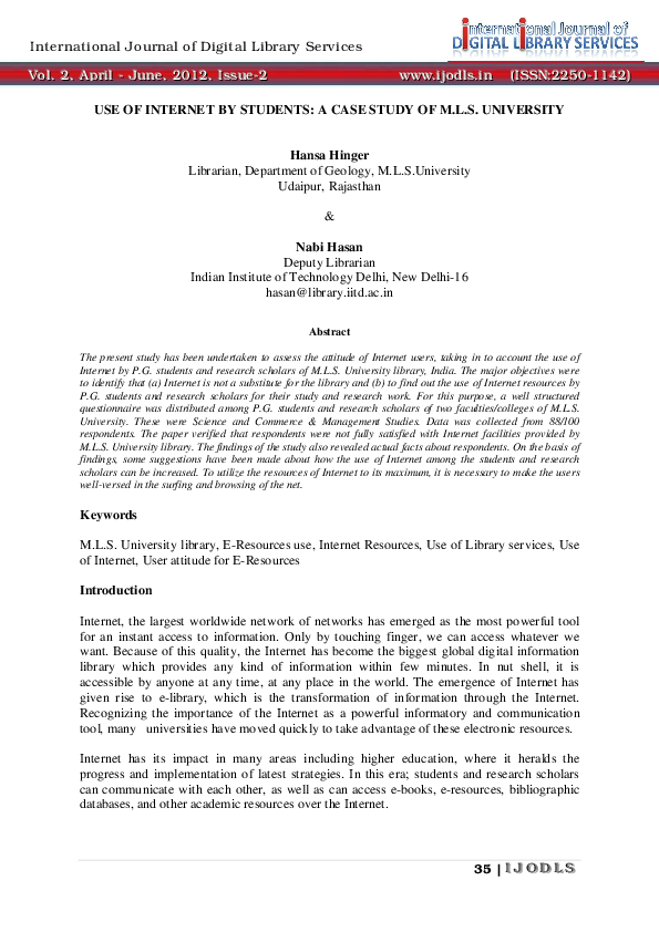 (PDF) Use of Internet by students: a case study of M.L.S. university