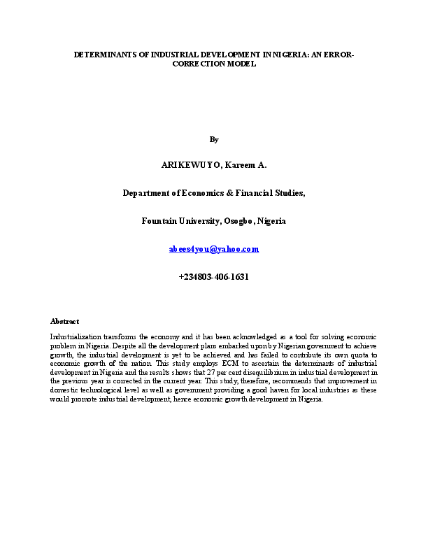 Doc Determinants Of Industrial Development In Nigeria An Error Correction Model