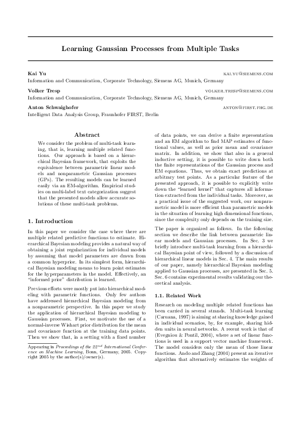 (PDF) Learning Gaussian processes from multiple tasks | kai yu ...
