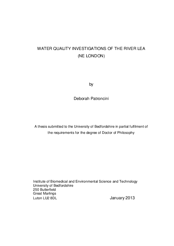 WATER QUALITY INVESTIGATIONS OF THE RIVER LEA (NE LONDON)
